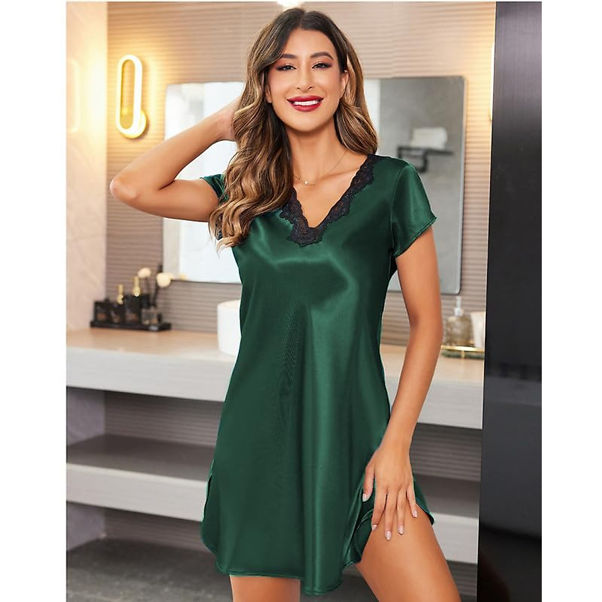 Ekouaer Women's Satin Nightgown Sleepwear Lace V Neck Side Slits Nightie Short Sleeves Nightshirt (Green,L)