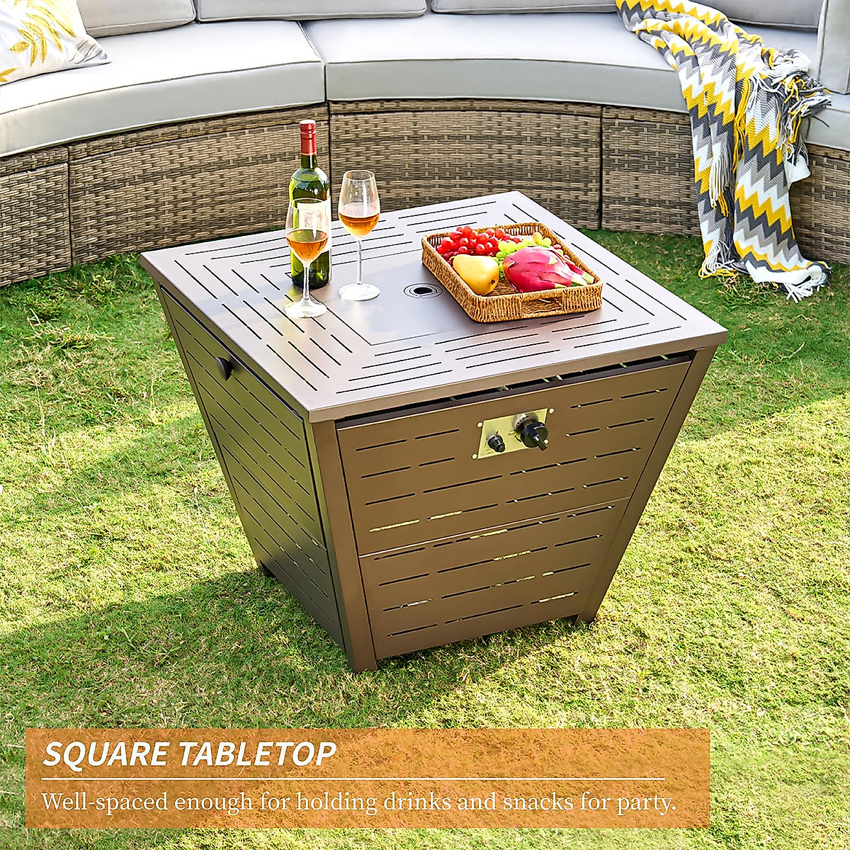 PaPaJet 32" Propane Fire Pit Table, 50,000 BTU Square Gas Firepit Table with Lid and Lava Rock, Great for Outdoor Garden Backyard Patio, Brown