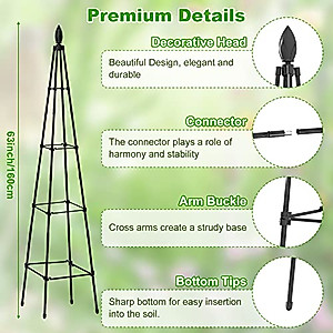 Garden Trellis for Climbing Plants Outdoor, deaunbr Plant Support Tower Obelisk Trellis 63'' Garden Trellises for Vines, Flowers, Indoor Potted Plant, Rose, Cucumber, Tomato, Pea, Clematis (1 Pack)