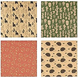 RUSPEPA Kraft Wrapping Paper Roll - Cactus/Strawberry/Alpaca/Hedgehog Printed Great for Congrats, Holiday and Special Occasion - 4 Roll - 30Inch X 10Feet Per Roll