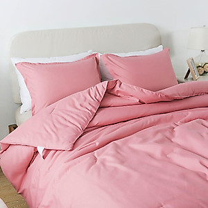 Caressma Pink Comforter Set Twin Size, Solid Blush Women Girls Pink Down Alternative Boho Bedding Comforter Set, Breathable Fluffy Microfiber Comforter (68"x90") for All Seasons with Pillowcase