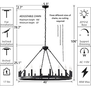 JKLX 40 Inch Black Wagon Wheel Chandelier, 20-Lights Farmhouse Industrial Country Style Round Pendant Light Fixture for Dining Room Kitchen Island Foyer Entryway