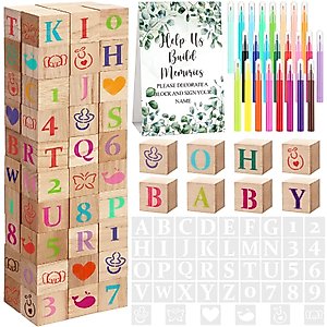 147 Pcs Baby Shower Blocks to Decorate Games Kit Includes Decorate a Block Game Sign 80 DIY Blank Wooden Block 42 Stencils 24 Marker Baby Shower Prize for Decoration Gender Reveal Baby Shower Games