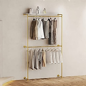 96.5”H Wall Mounted Clothe Rack, Gold Industrial Pipe Clothing Rack with Shelves Closet Rods System for Hanging Clothes Rack Multi-purpose Heavy Duty Hanging Rod