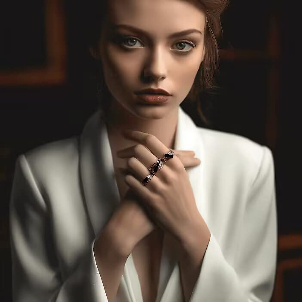 Gbinitail 3Pcs Trendy & Punk Adjustable Ring Set for Women and girls - Platinum-Plated, Stackable, Enamel & Hollow Silver Rings, sizes 5.5 to 7.5