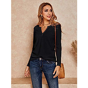 Womens V Neck Waffle Knit Shirts Long Sleeve Loose Fitting Warm Tee Tops Sweaters Pullovers Black