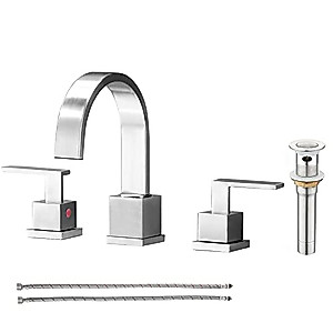 KINGO HOME Brushed Nickel 3 Hole Deck Mount Waterfall Bathroom Faucet, 8 inch 2 Handle, Drip-Free Ceramic Disc Valve, Easy Installation