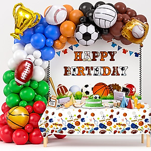 Winrayk 131Pcs Sports Birthday Party Decorations Supplies Sports Balloon Arch Backdrop Tablecloth Trophy Football Soccer Baseball Glove Basketball Volleyball Kids Sports Themed Birthday Party Supplies
