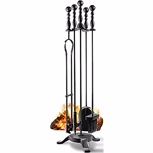 COMFYHOME 5-Piece Fireplace Tools Set 32'', Heavy Duty Wrought Iron Fire Place Tool w/Long Fire Poker, Shovel, Tongs, Brush, Stand for Outdoor Indoor Chimney,Stove, Fire Pit Easy to Assemble,Black