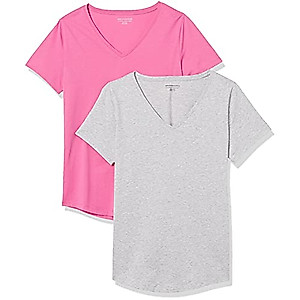 Amazon Essentials Women's Classic-Fit 100% Cotton Short-Sleeve V-Neck T-Shirt (Available in Plus Size), Pack of 2, Light Grey Heather/Bright Pink, Large