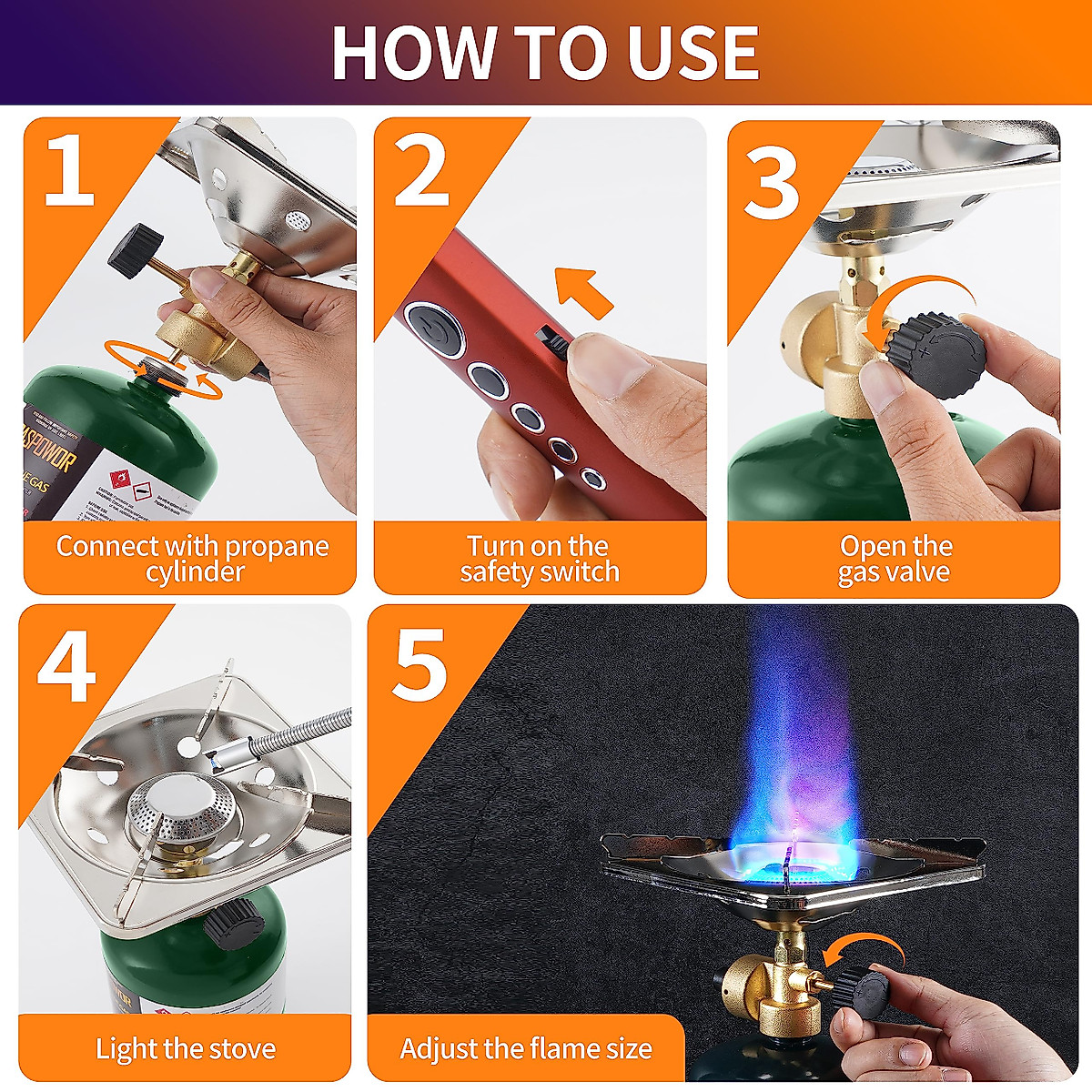 Camping Propane Stove, Single Burner Propane Stove, Portable Bottletop Backpacking Stove,10000BTU Camp Gas Stove kit for Outdoor Cooking, include a USB Windproof Ligther (Fuel not included)