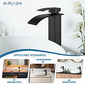 Airuida Vessel Sink Faucet, Matte Black Waterfall Spout Bathroom Faucet, Tall Single Handle One Hole Bowl Mixer Tap, Waterfall Spout Lavatory Vanity with Pop Up Drain