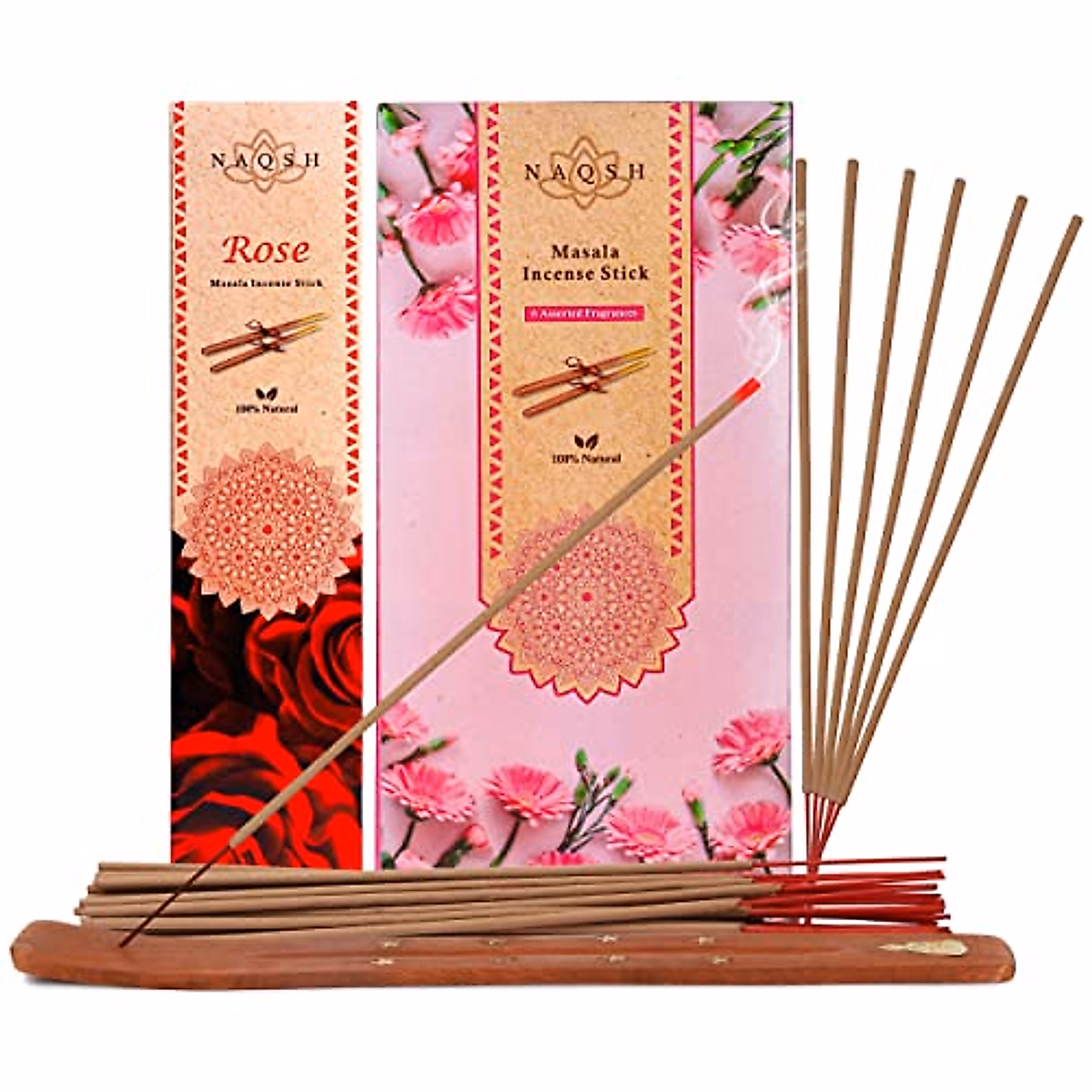 NAQSH Masala Incense Sticks 125gm - 6x20 Pack, Total 120 Sticks 100% Organic Hand Rolled Natural Fragrances with Free Wood Holder for Aromatherapy & Meditation, Yoga, Positivity & Relax (Rose)