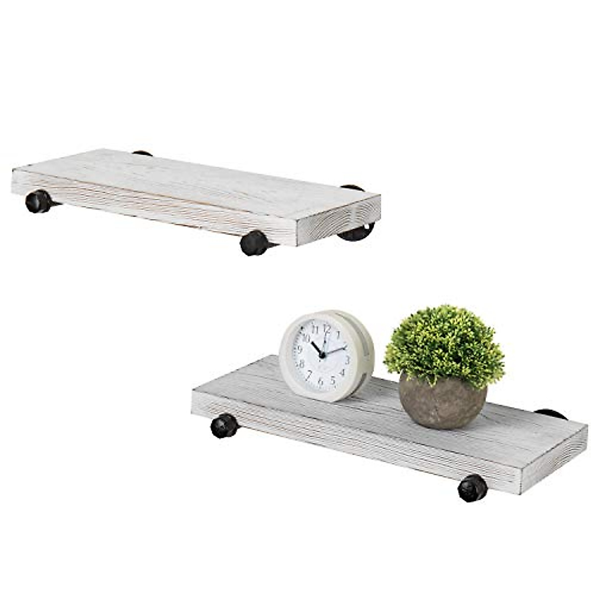 MyGift 16-Inch Rustic White Wood Wall-Mounted Floating Shelves with Black Metal Pipe Brackets, Urban Industrial Wall Hanging Storage and Display Shelf, Set of 2