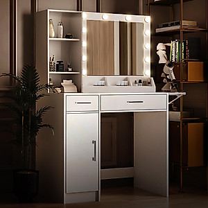 FITSCROPR Vanity Desk with Drawers & Mirror with Lights, with Drawers & Cabinet 3 Shelves Lots Storage for Stylish Bedroom,White