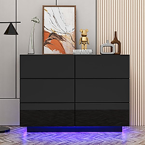 Anbuy LED 6 Drawer Dresser, Modern Dresser with High Gloss Drawers Dual Chest of Drawers Black Dresser for Bedroom with Lights (Black)