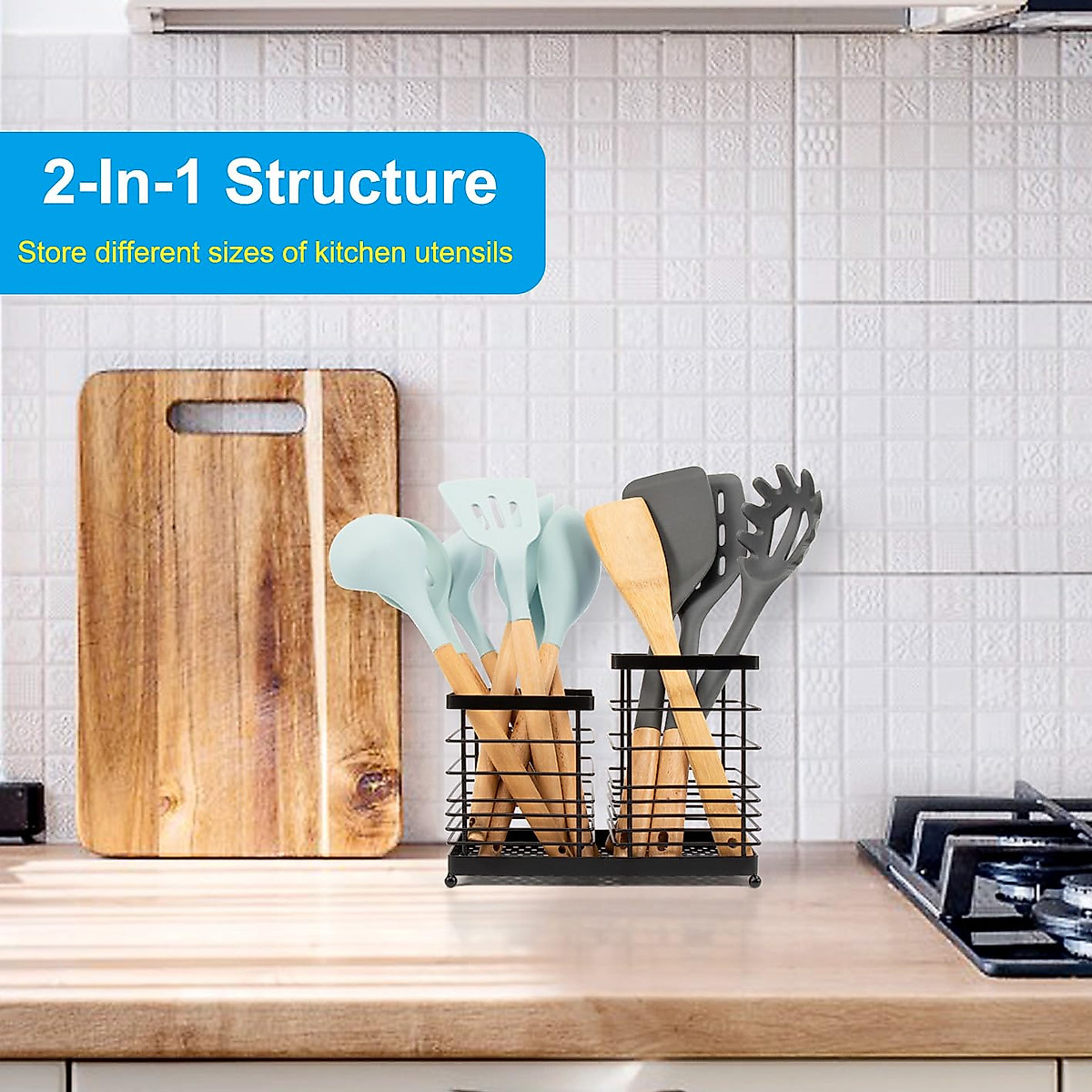 RedCall Utensil Holder for Countertop,Stainless Steel Kitchen Holder,2-In-1 Spoon Spatula Holder for Kitchen Counter,Large Wire Utensils Organizer,Black Cooking Tool Holder Storage Crock