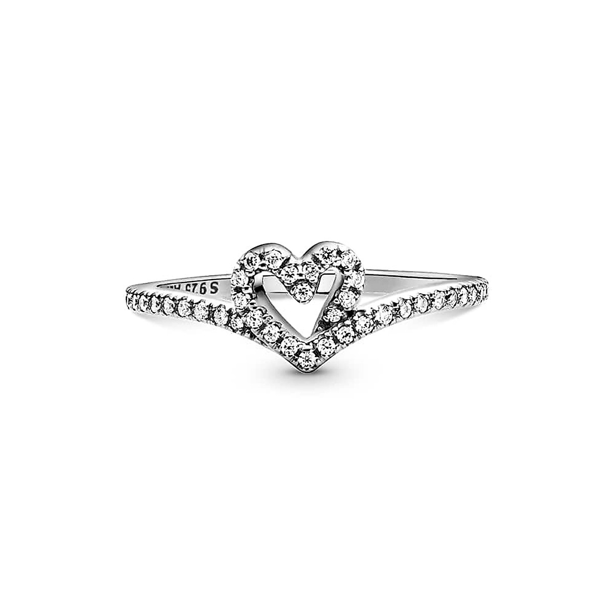 Pandora Sparkling Wishbone Heart Ring - Stackable Ring for Women - Sterling Silver with Clear Cubic Zirconia - Size 6