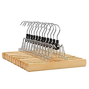 SONGMICS 12 Pack Wooden Pants Hangers, Premium Solid Wood with Non-Slip Felt, Hold Pants Tightly, Smooth Finish Wood Skirt Hangers, with 360° Swivel Hook, Natural UCRW007-12