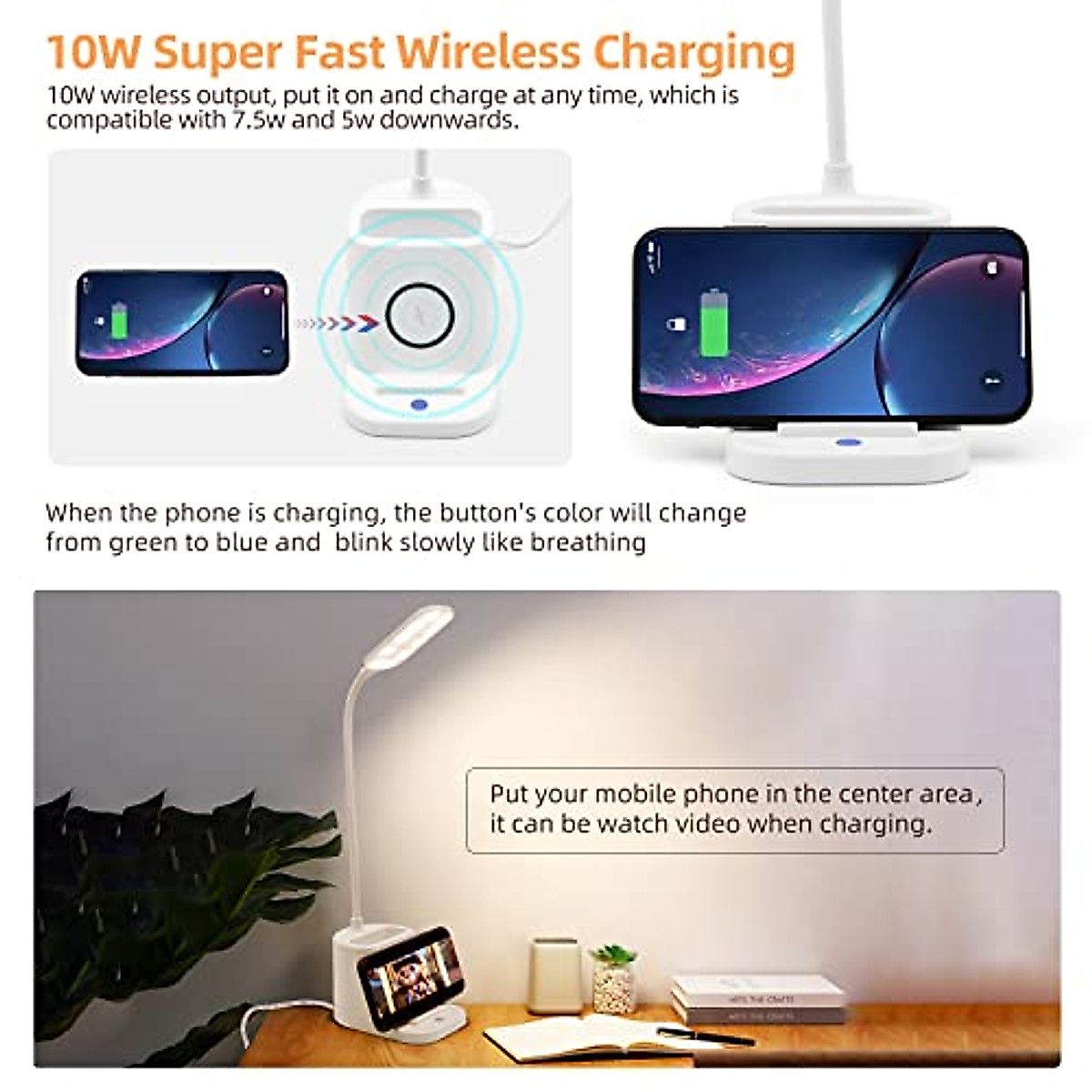 IIOSUYUI Desk Lamp for Home Office, Wireless Charger LED Desk Light with USB Charging Port, 3 Modes Table Lamp with Pen Holder Phone Holder, Desk Lamps for Students Kids