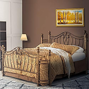 Benjara Metal Queen Headboard and Footboard with Swirling Floral Motifs, Antique Gold