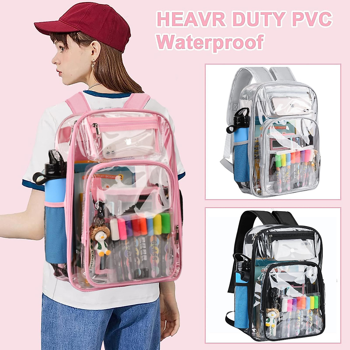 Birity Clear Backpack Heavy Duty,Large PVC Transparent Backpack,See Through Book Bag,Transparent Backpack For Teenager and Adults,Clear Bookbag for School,Sports,Work,Travel, College