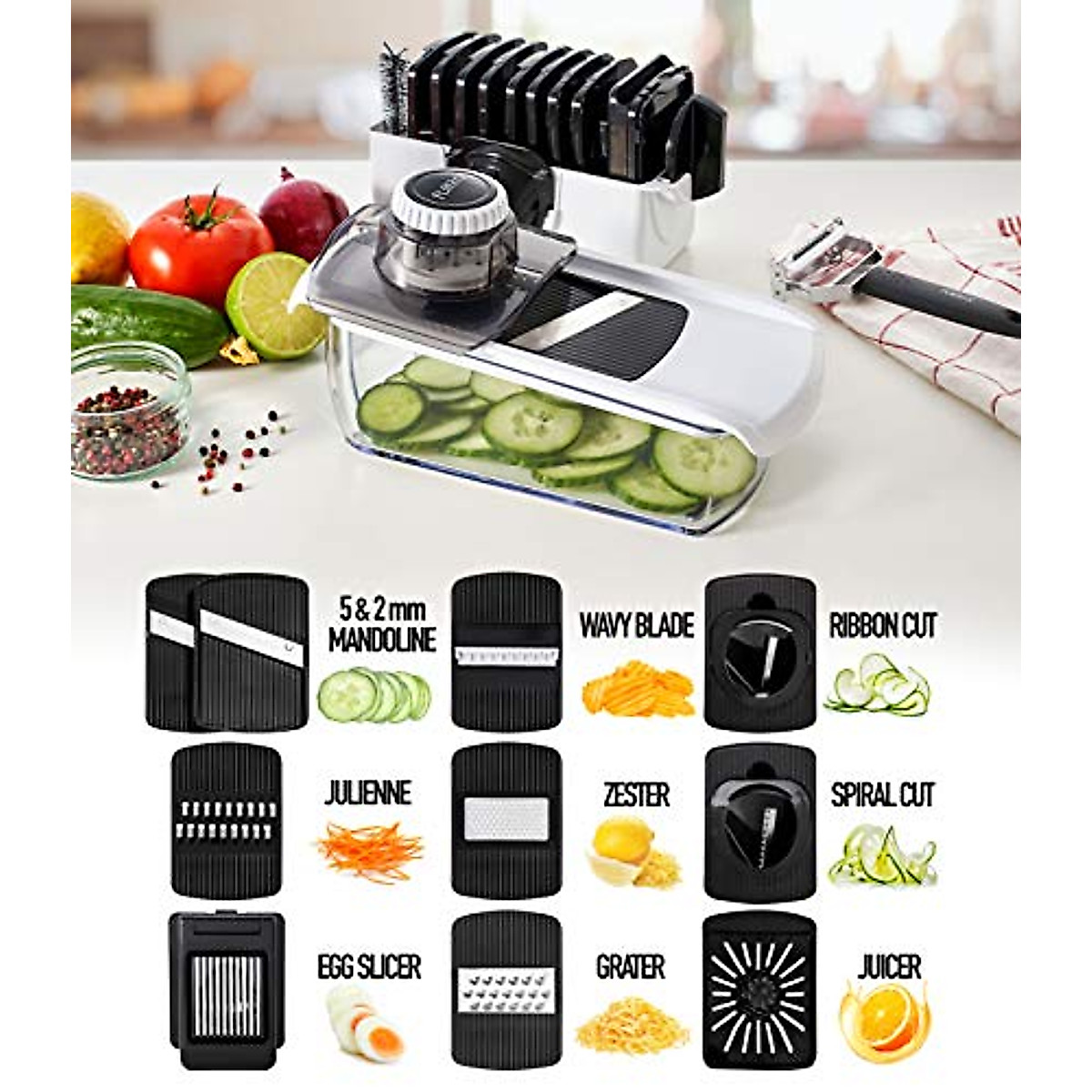 Fullstar 11 in 1 Mandoline Slicer, Vegetable Slicer & Cheese Grater | Kitchen Gadgets with Peeler, Spiralizer, Juicer, Egg Slicer & Julienne Cutter (+Safety Glove & Cleaning Brush)