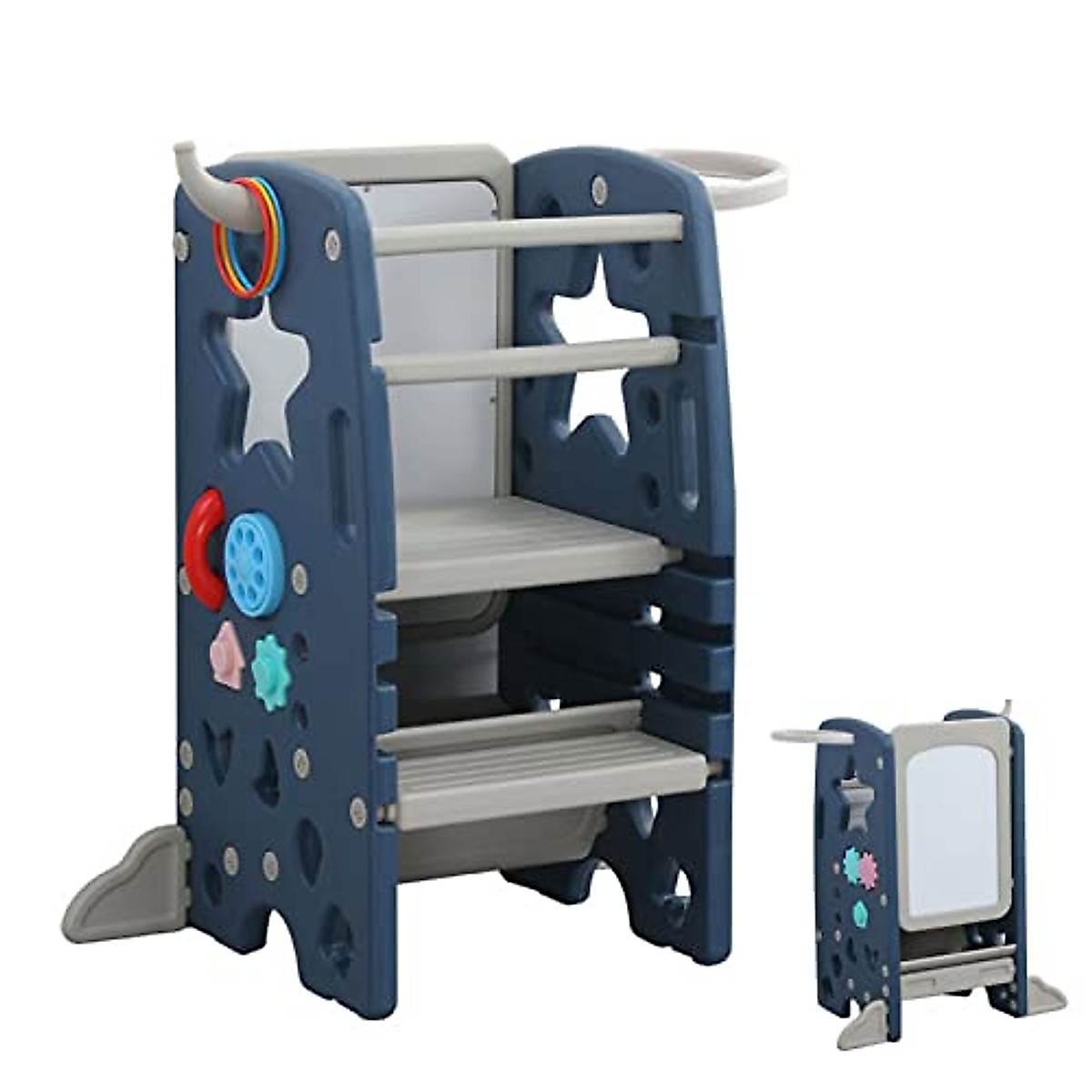 UNICOO –Kids Kitchen Step Stool with Double Safety Rails, Toddler Learning Stool with 3 Adjustable Heights and Non-Slip Foot Pads, Toddler Tower for Kitchen Countertop and Bathroom (OMLT-Dark Blue)