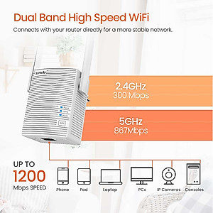 Tenda AC1200 WiFi Range Extender Gigabit WiFi Repeater with 100 Mbps LAN Port, Dual Banda 2.4GHz 300Mbps+5GHz 867Mbps, Hide SSID, WPS Function, Encryption Mode (A18)