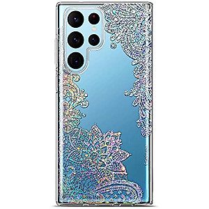 Coolwee Clear Glitter for Galaxy S22 Ultra - 6.8" Thin Flower Slim Cute Crystal Lace Bling Women Girl Floral Plastic Hard Back Soft TPU Bumper Protective Cover for Samsung S22 Ultra Mandala Henna