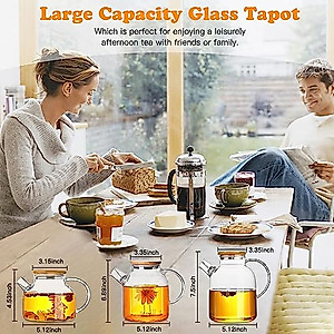 Glass Teapot Stovetop Microwave Safe, 50oz/1500ml Glass Tea Kettle with Bamboo Lid and Removable Filter Spout, Heatproof Borosilicate Glass Teapot for Loose Leaf, Blooming Tea and Fruit Tea…