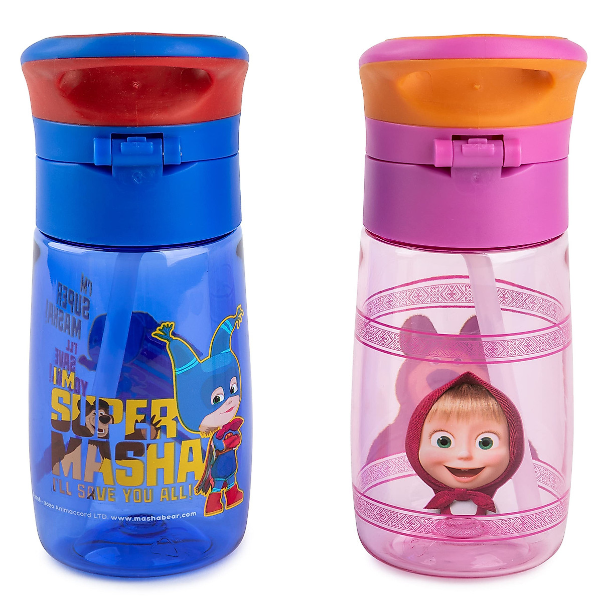 Masha and the Bear 14oz Kids Water Bottle With Straw - Spill Proof Straw Valve, Pop Button, BPA Free Water Bottle for Kids School - Featuring Soft Silicone Handle Grip - Children's Drinkware - Blue