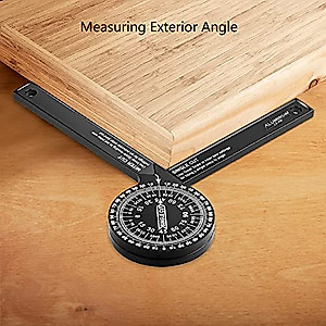 CRBKD Miter Saw Protractor, 7.28 Inch Aluminum Protractor Angle Finder with Laser-Engraved Scales 360 Degree Rotation Function, for Woodworking, Plumbers All Building Trades (Black), 18.5*6.5*1.1cm
