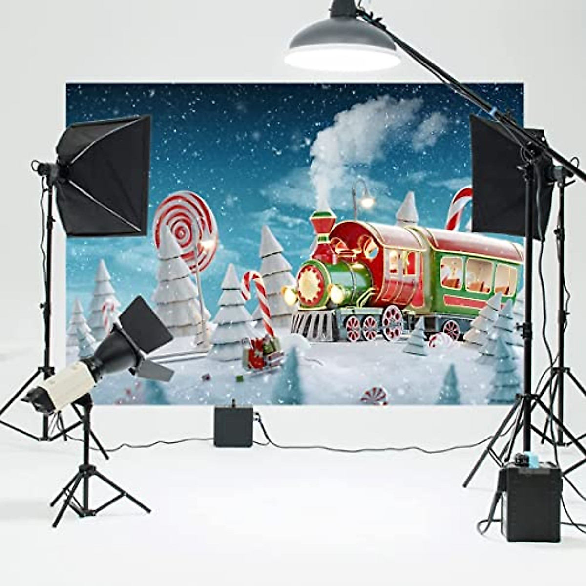 LYWYGG 7x5ft Christmas Backdrop Winter Snowy Christmas Backdrop Christmas Red Candy Train Backdrop New Year Wallpaper Family Party Decor Holiday Party Party Atmosphere Background CP-305