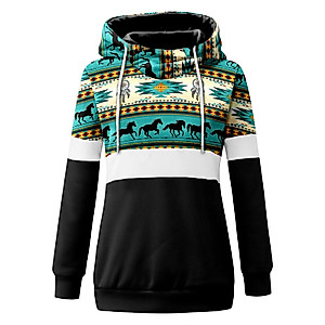 Aztec Hoodies for Women Pullover Western Jacket Hooded Sweatshirt Turtleneck Long Sleeve Shirt Print Tunic Tops Geometric Horse Tribal Ethnic Vintage Color Block Colorblock Turtle Cowl High Neck