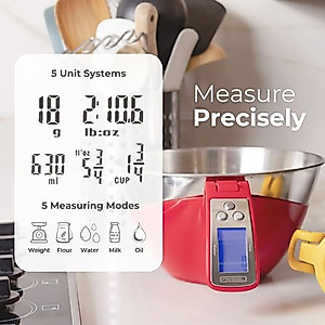 Fradel Digital Kitchen Food Scale with Bowl (Removable) and Measuring Cup - Stainless Steel, Backlight, 11lbs Capacity - Cooking, Baking, Gym, Diet - Precise Measuring (Red)