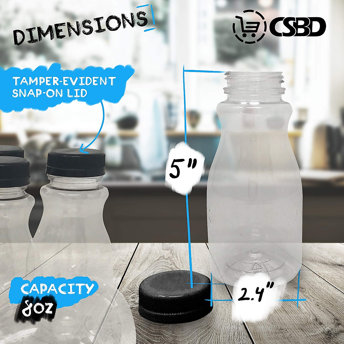 CSBD 8oz Plastic Juice Bottles with Tamper Evident Lids, 10 Pack, Food Grade Safe PET with No BPA, Apple, Kombucha, Tea, Cold Brew or Milk Bulk Containers, Reusable