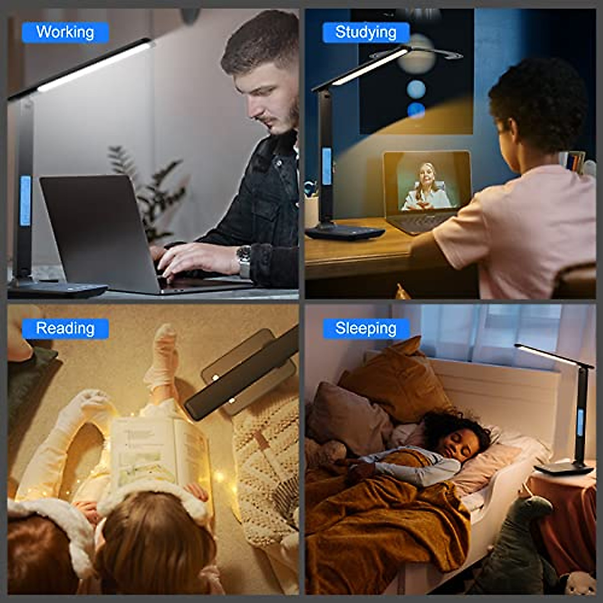 Taodaliy Desk Lamp, LED Desk Lamp with Wireless Chargers and USB Charging Port for Home Office, Desk Light with Alarm Clock, Date and Temperature, Office Desk lamp, Black