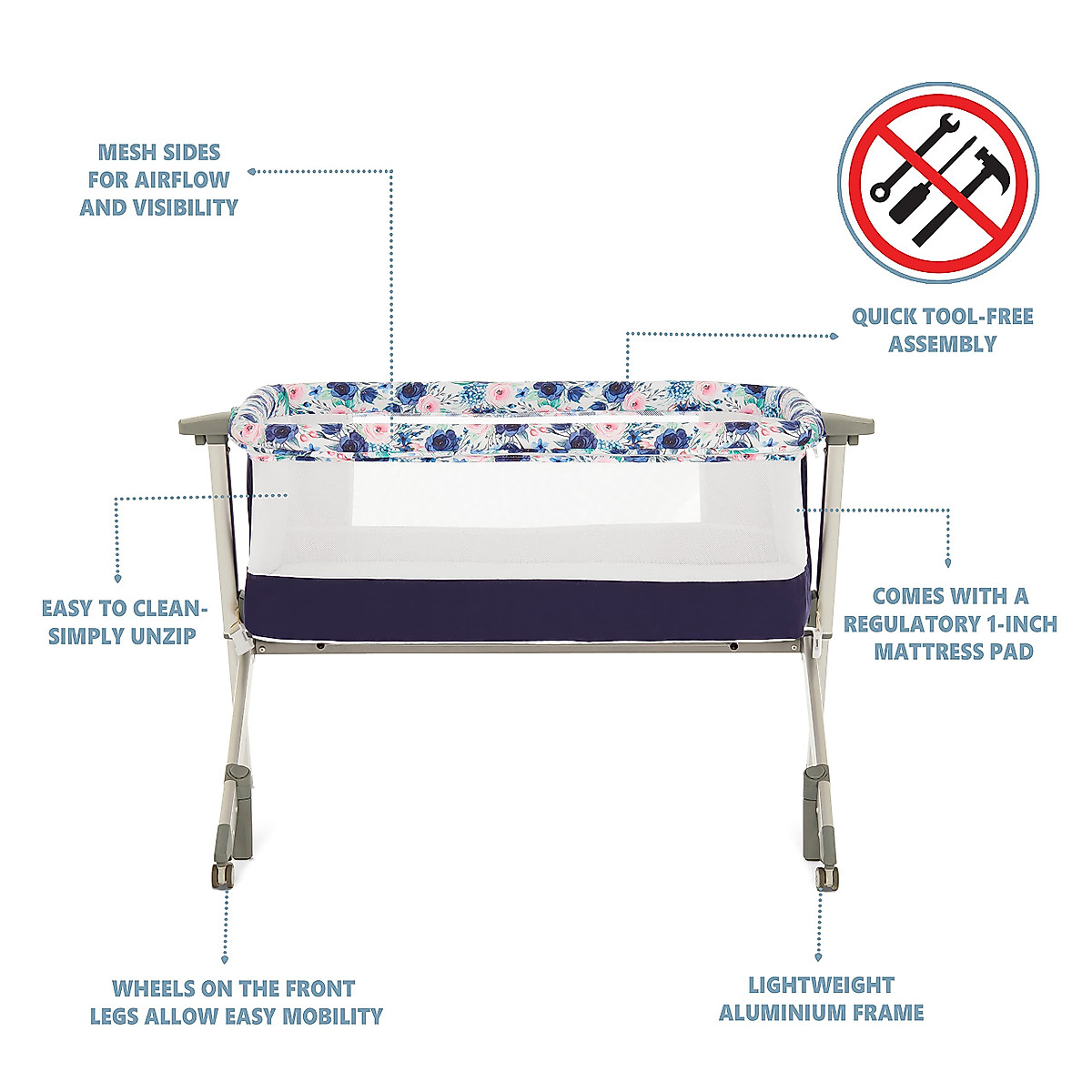 Dream On Me Flora Baby Bassinet in Floral Bloom, Lightweight and Portable Travel Bassinet with Carry Bag, Five Adjustable Height Position, Mattress Pad Included