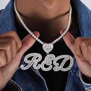 Iced Out Custom Name Necklace 14K Gold Hip Hop Simulated Diamond Charm Pendant with Cuban Link Chain, Personalized Name Plated Initial Letter Necklaces, Handmade Customized Jewelry Gifts for Man Woman (Silver)