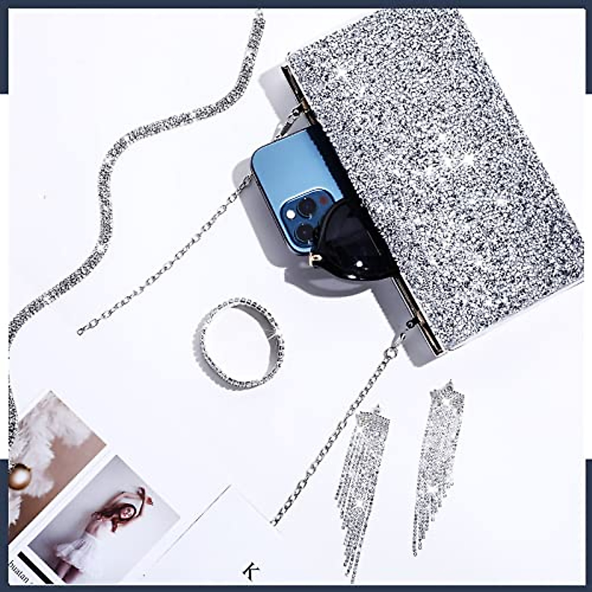Jadive 4 Pcs Rhinestone Clutch Purses for Women Evening, Prom Purse Sparkly Bag Diamond Purse Handbag Glitter Evening Bag Jewelry Set for Formal Prom Parties Cocktail Banquet Wedding (Silver)