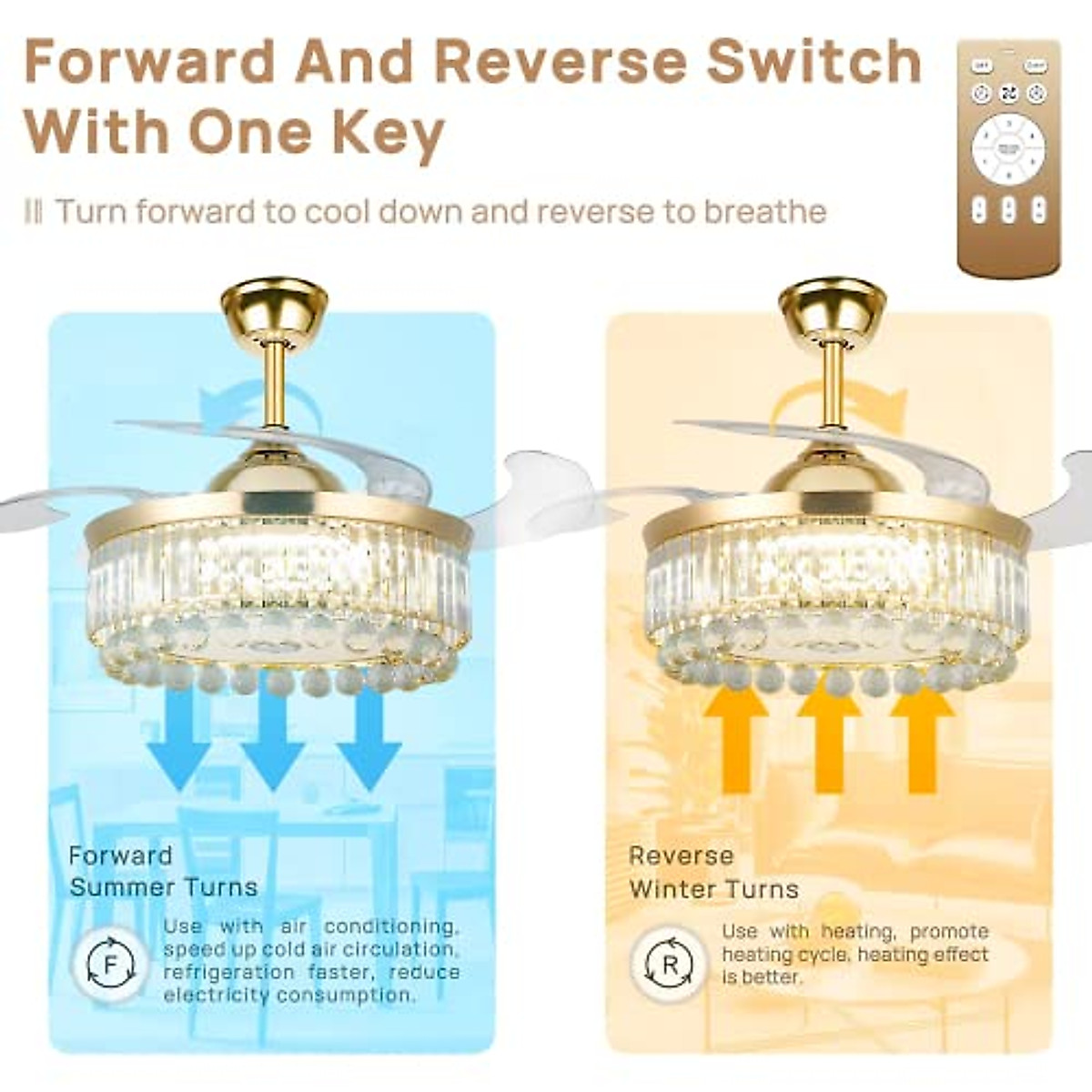 FINE MAKER 42" Ceiling Fan with Bluetooth Speaker,7 LED Colors Reversible 6 Fan Speeds Remote Control, Crystal Chandelier Ceiling Fan,Retractable Blades Fandelier Lighting Fixture fan for bedroom Gold