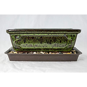 8" Rectangular Moss Green Bonsai/Succulent Pot + Tray + Rock + Mesh Combo