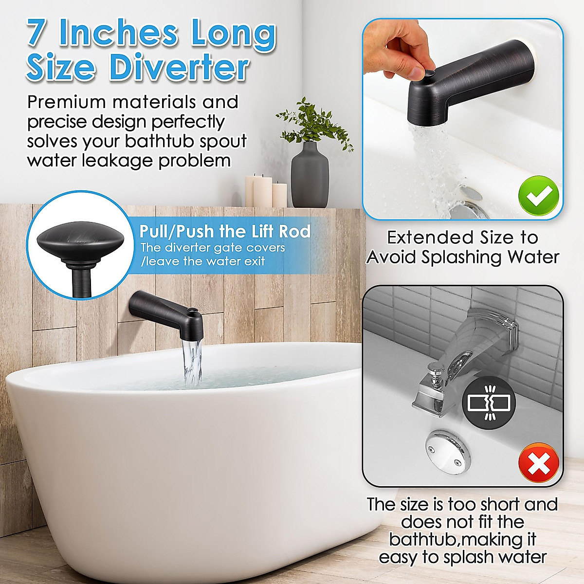 Enhon 7 Inch Slip on Tub Spout with Diverter, Compatible with Moen 3839/Moen 3853, Bathtub Diverter Spout Fits 1/2" Copper Water Tube(5/8" Diameter), 5/32" Hex Wrench(Oil Rubbed Bronze,Classic)