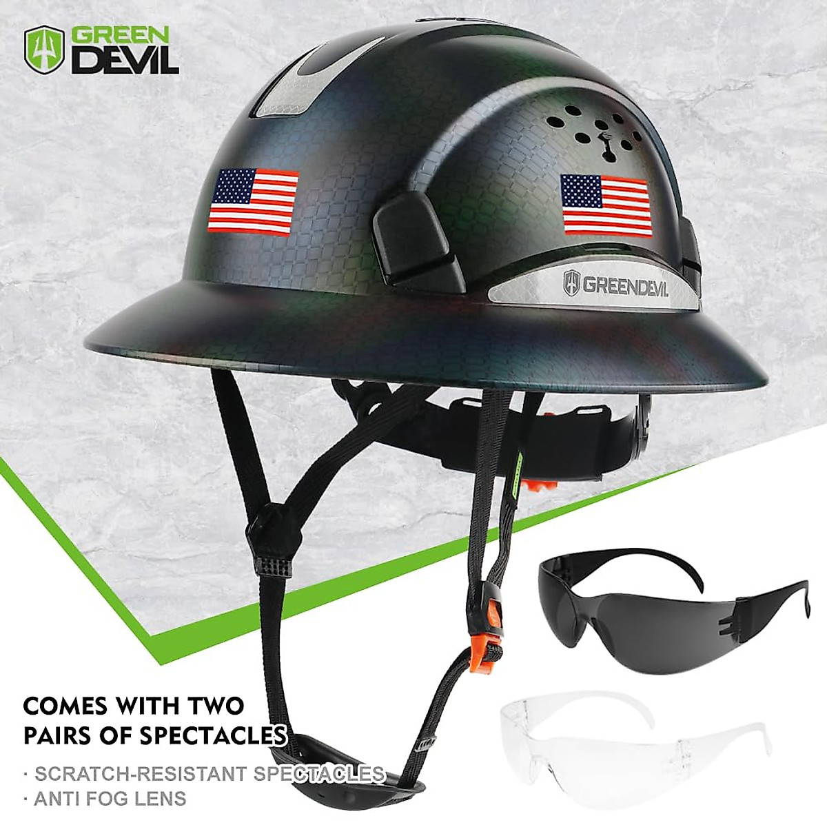 GREEN DEVIL Full Brim Hard Hat Vented Construction Safety Helmet OSHA Approved Cascos De Construccion ABS Work Hardhat for Men&Women 6 Point Adjustable Ratchet Suspension Custom Pattern Design