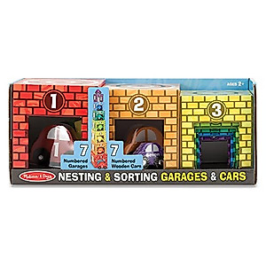 Melissa & Doug Nesting and Sorting Garages and Cars With 7 Graduated Garages and 7 Stackable Wooden Cars - Numbers Learning Toys, Car Garage Toy, Sorting And Stacking Toys For Toddlers Ages 2+