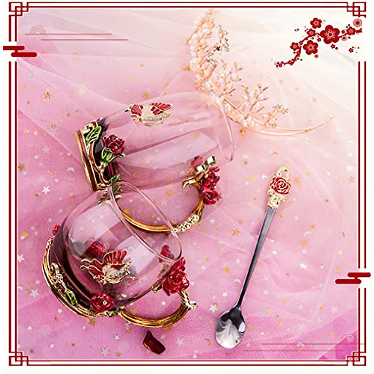 Guon-Wuvl Handicraft Crystal Glass 3D Flower Cups Tea Mug With Tea Spoon Women Coffee, Tea, Juice, Beer, Milk Hot And Cold Drinks Use Gift Package. (Rose Red Coffee Cup, 12 OZ)