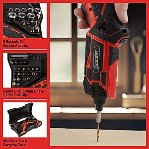 4V Electric Screwdriver 45-Piece Set - Rechargeable Cordless 4.5Nm 250RPM Screw Gun with Dual Position Grip and LED Light by Stalwart (Red)