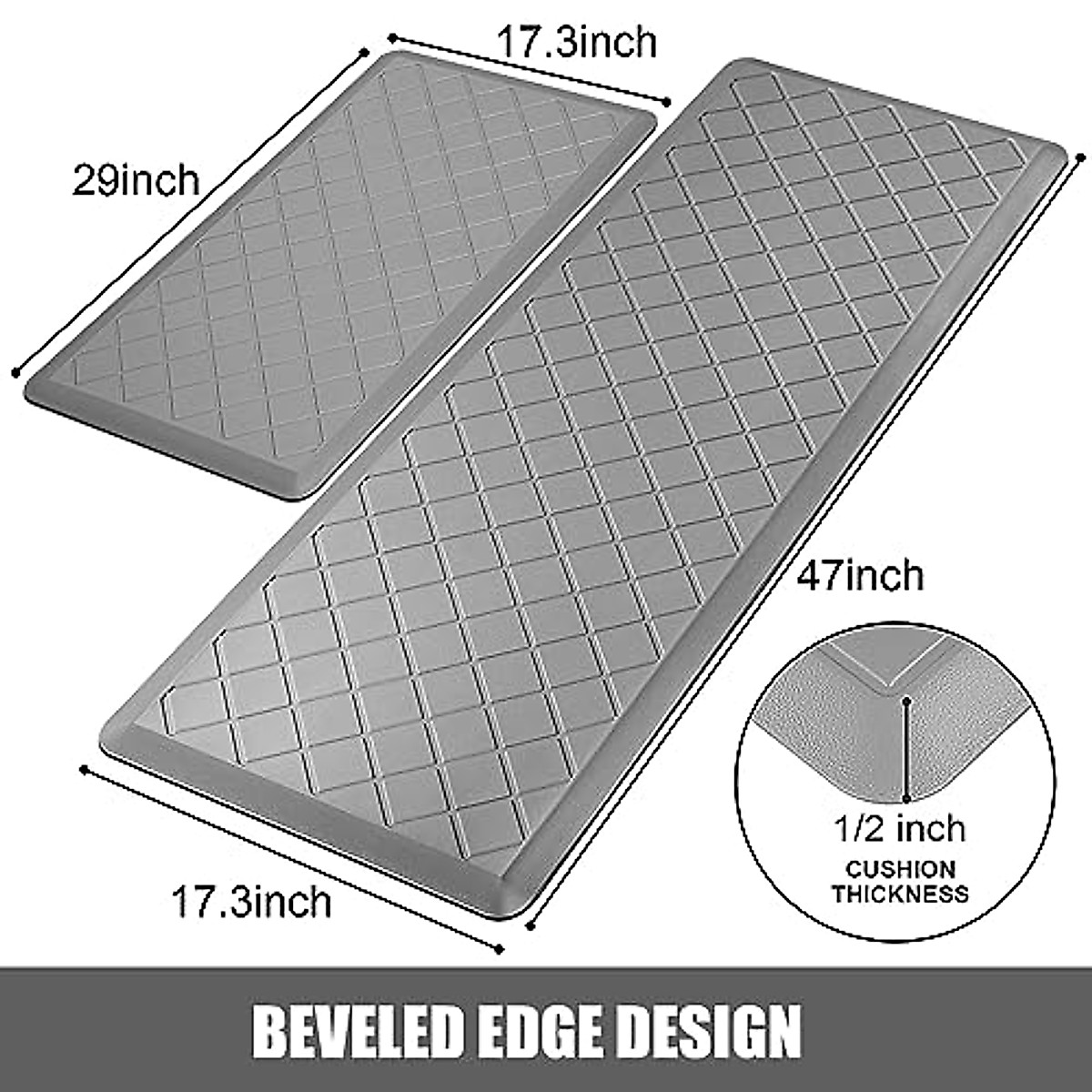 WEZVIX Cushioned Kitchen Mat 2 PCS, Anti Fatigue Kitchen Rugs, Heavy Duty Kitchen Rugs and Mats Non-Skid, Ergonomic Comfort Foam Kitchen Floor Mat for Home, Office, Sink, Laundry - Grey