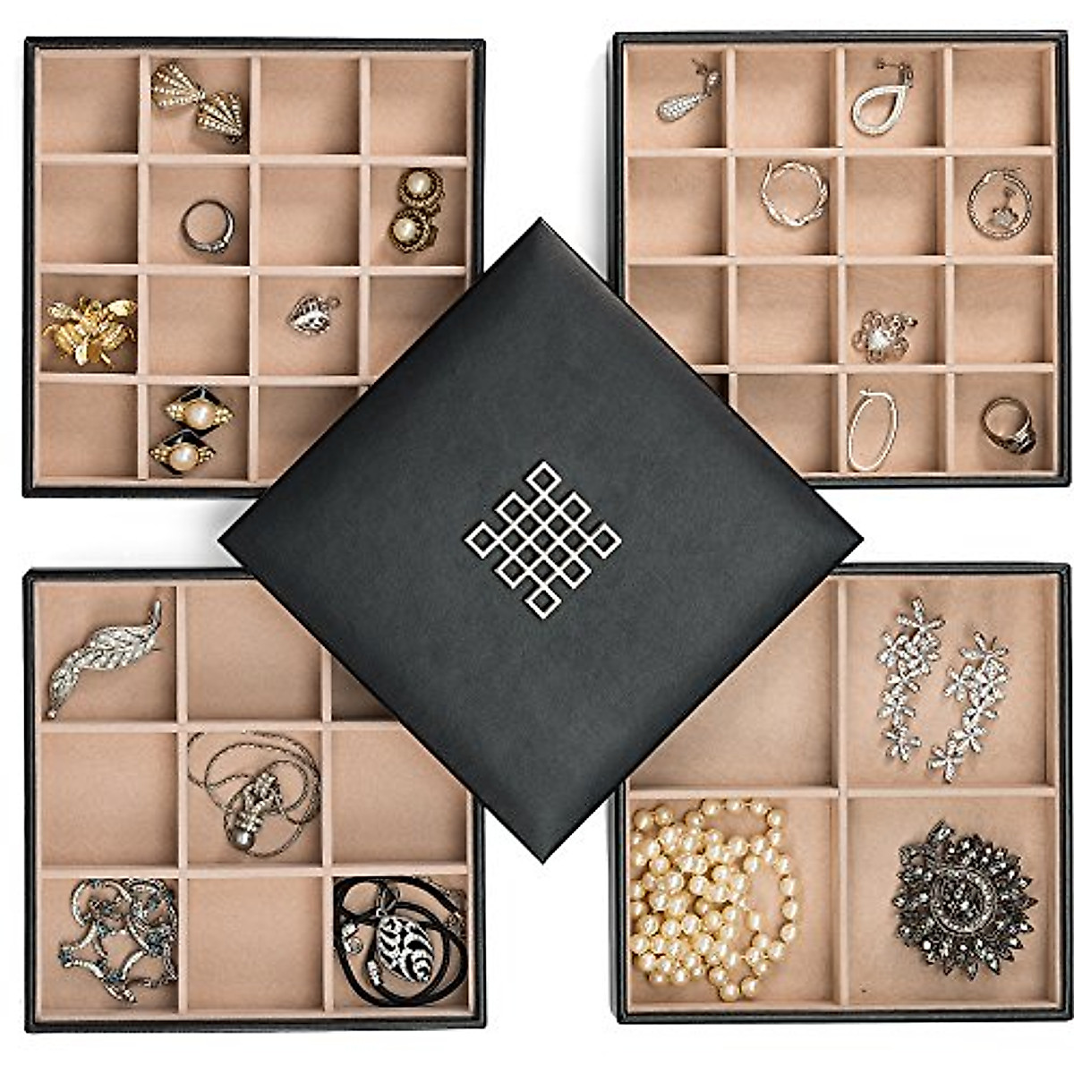 Glenor Co Earring Organizer Tray - 4 Stackable Trays with Lid -45 Slot Classic Jewelry Storage Display Case for Drawer or Dresser - Holder for Earring Ring Necklace or Cufflinks - Large Mirror - Black